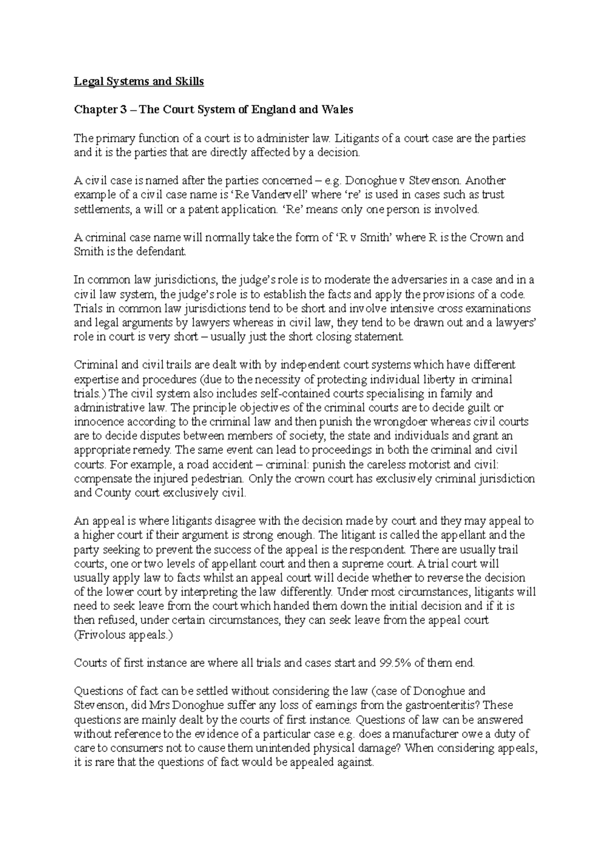 Part I Chapter 3 - English legal system summarised. - Legal Systems and ...