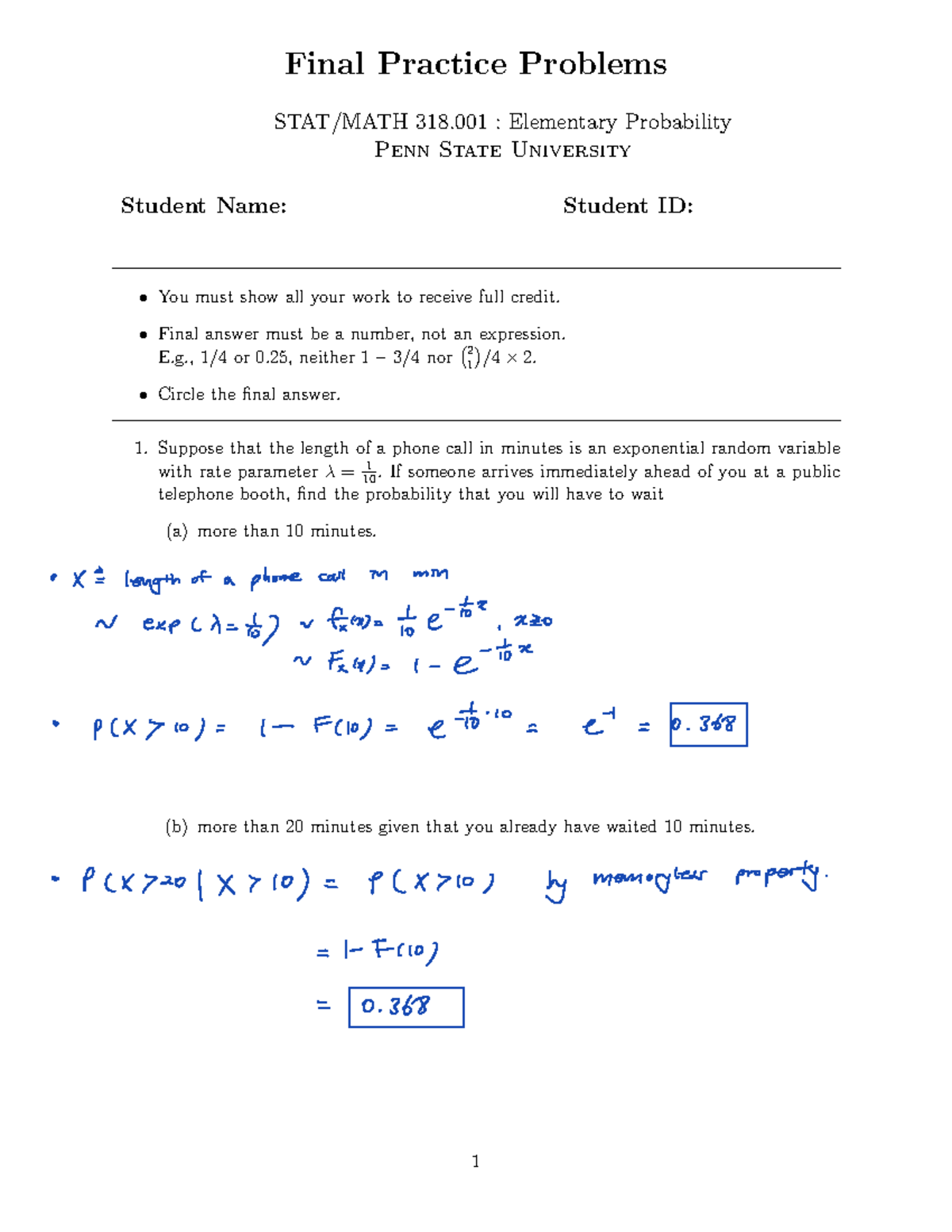 Final Practice Problems sol - Final Practice Problems STAT/MATH 318 : Elementary Probability ...