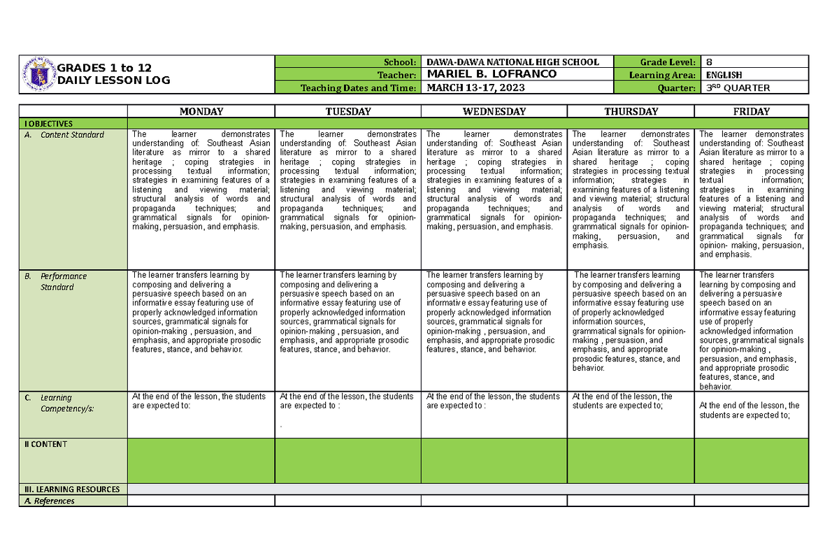 Sample dll blank - ENGLISH - GRADES 1 to 12 DAILY LESSON LOG School ...