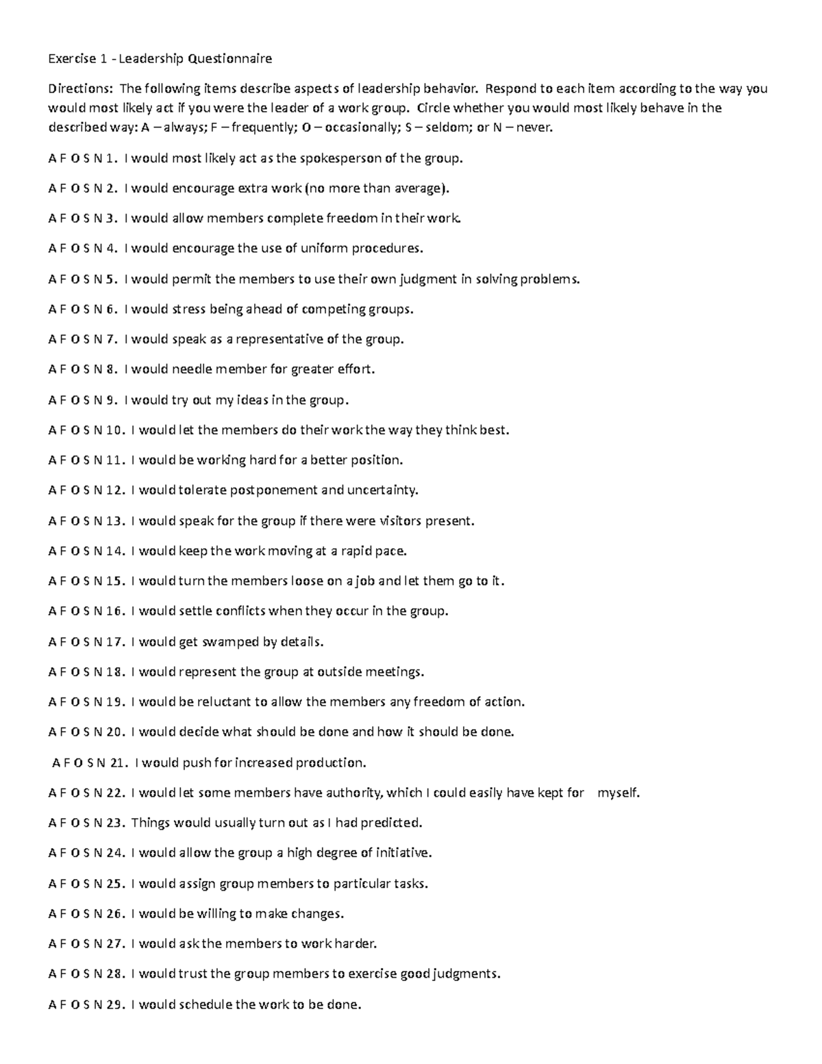 Leadership style Questionnaire - Exercise 1 - Leadership Questionnaire ...