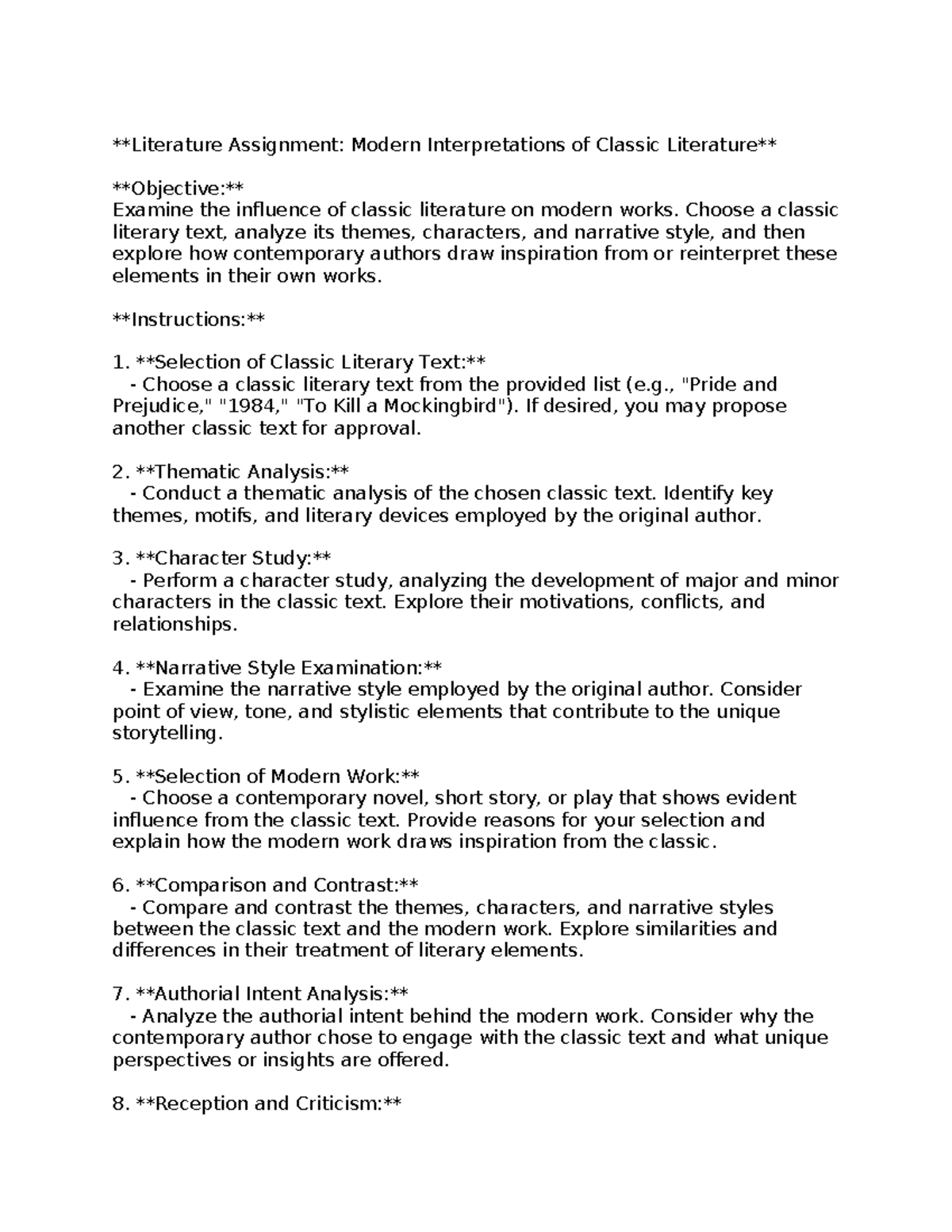 literature analysis - Literature Assignment: Modern Interpretations of ...