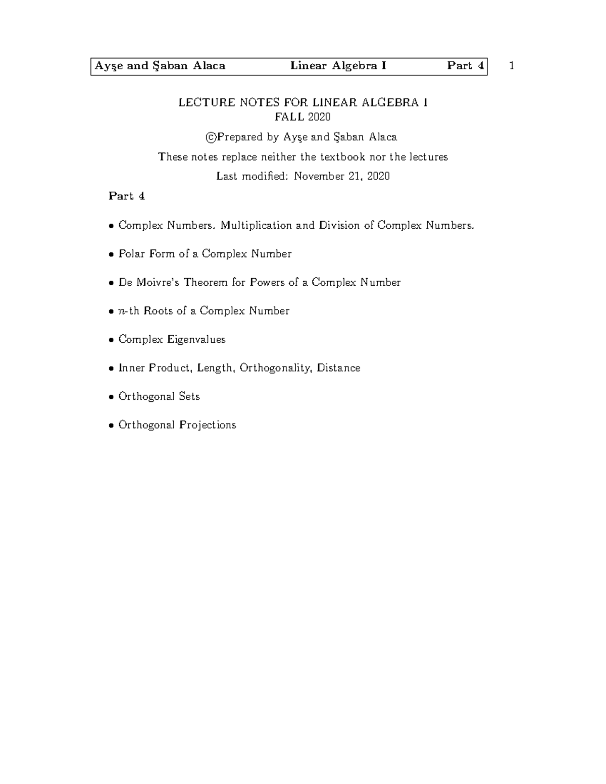 Linear Algebra 1 Lecture Notes Part4 F2020 - LECTURE NOTES FOR LINEAR ...