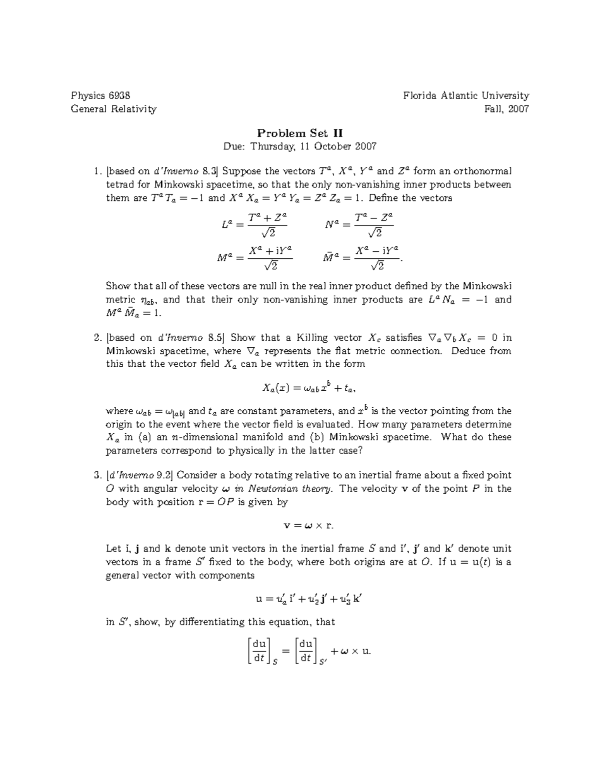 General Relativity - Problem set2 - Physics 6938 Florida Atlantic ...