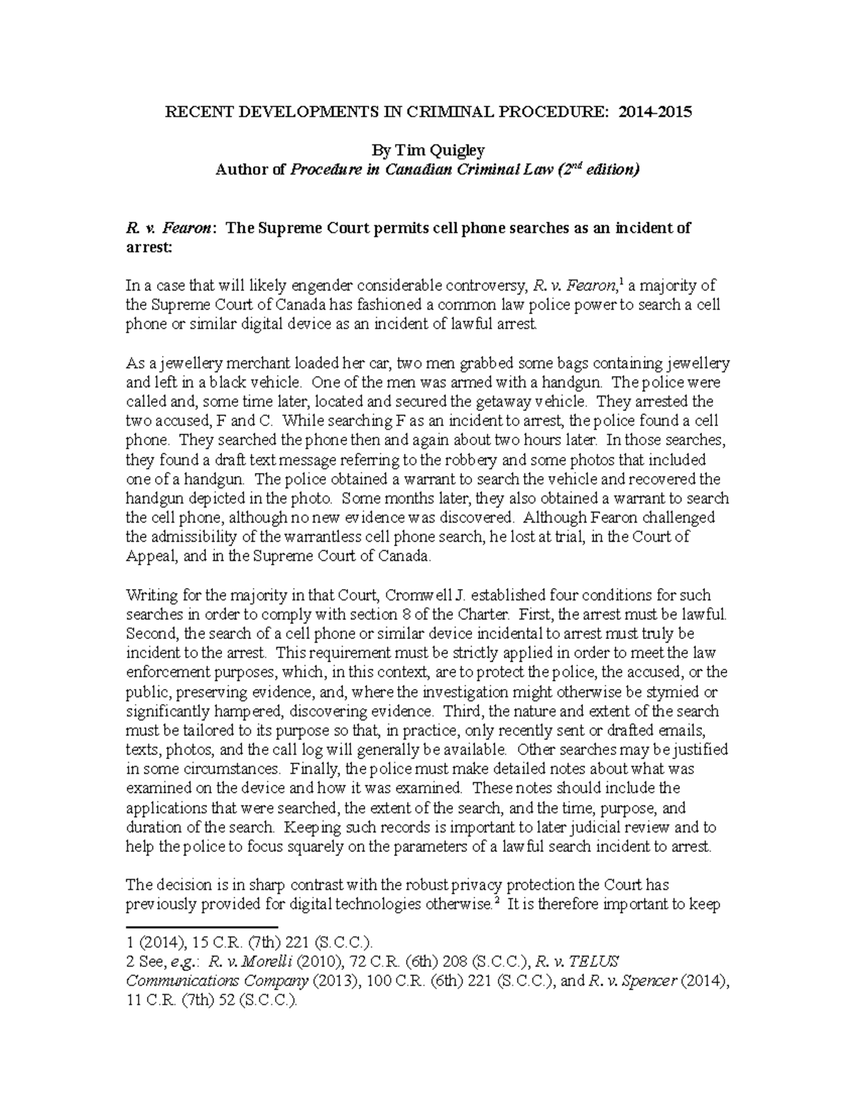 BV CXZ ≥ - RECENT DEVELOPMENTS IN CRIMINAL PROCEDURE: 2014- By Tim ...