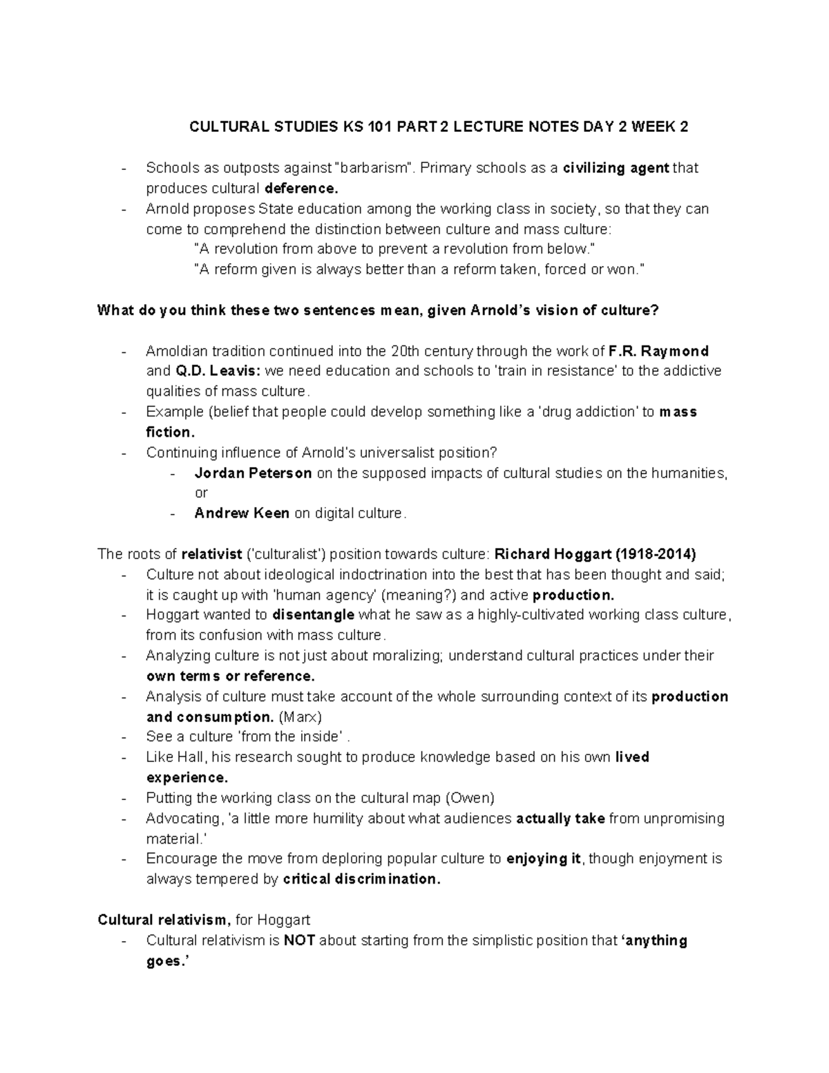 lecture notes from day 2 - CULTURAL STUDIES KS 101 PART 2 LECTURE NOTES ...