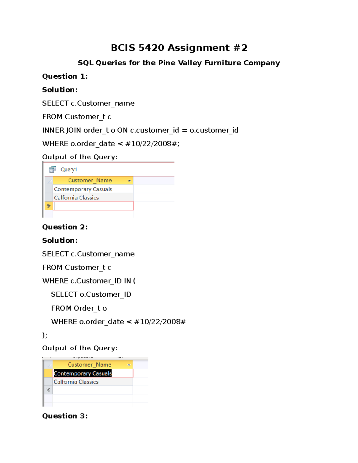 BCIS 5420 Assignment - BCIS 5420 Assignment SQL Queries for the Pine Valley Furniture Company ...