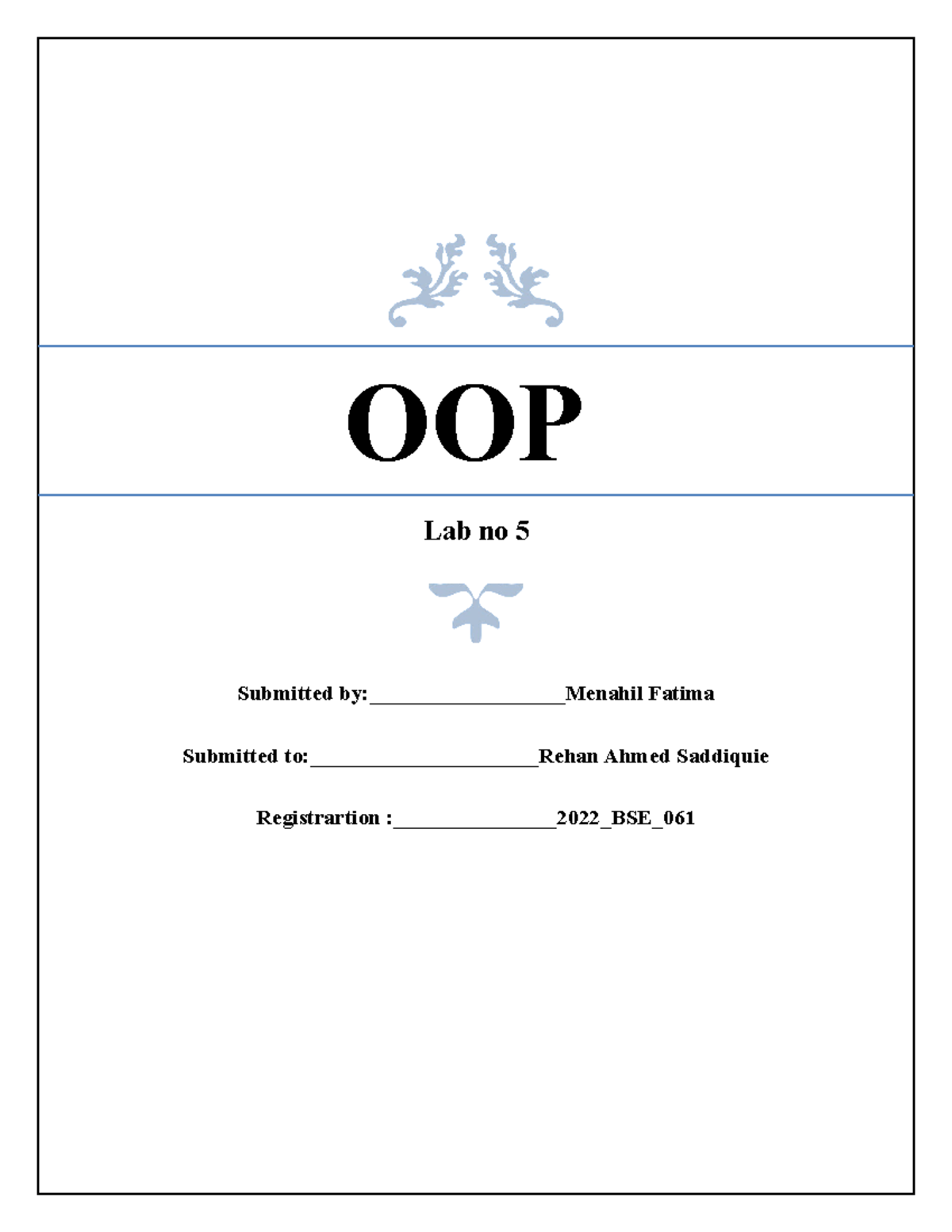 Lab 5 Oop Operator Overloading Oop Lab No 5 Submitted Bymenahil Fatima