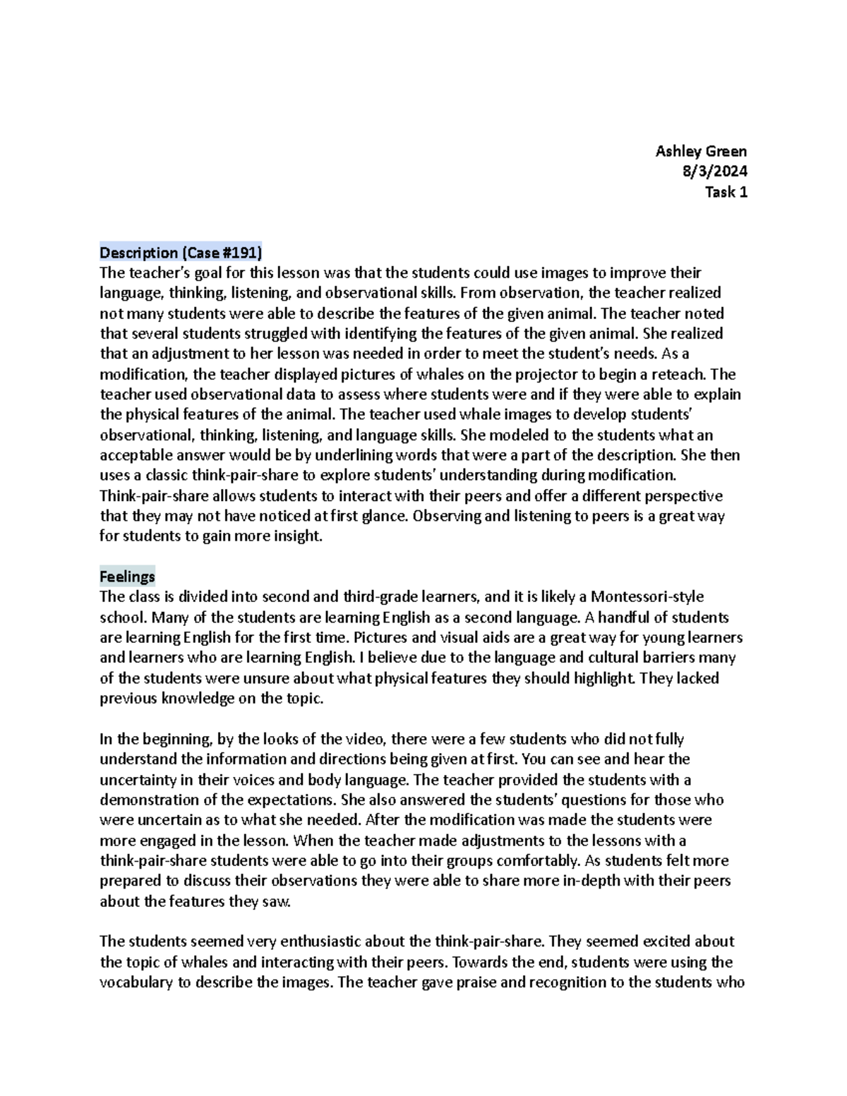 D171 Task 1 - Task 1 for D171. Passed on the first try - Ashley Green 8 ...