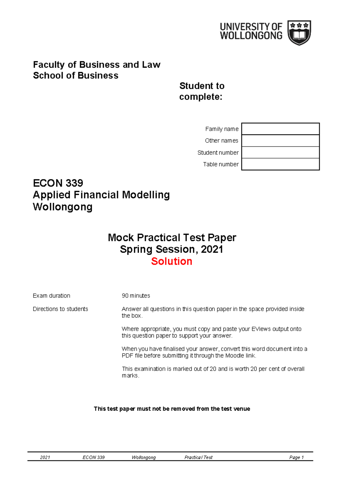 ECON339 Practical Test 2021 Mock test solution - Faculty of Business ...