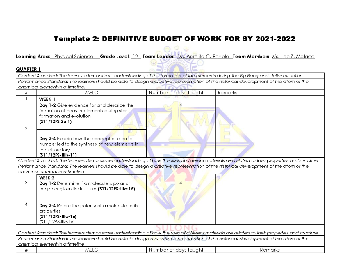 DBOW MELCs Physical Science SHS - Template 2: DEFINITIVE BUDGET OF WORK ...