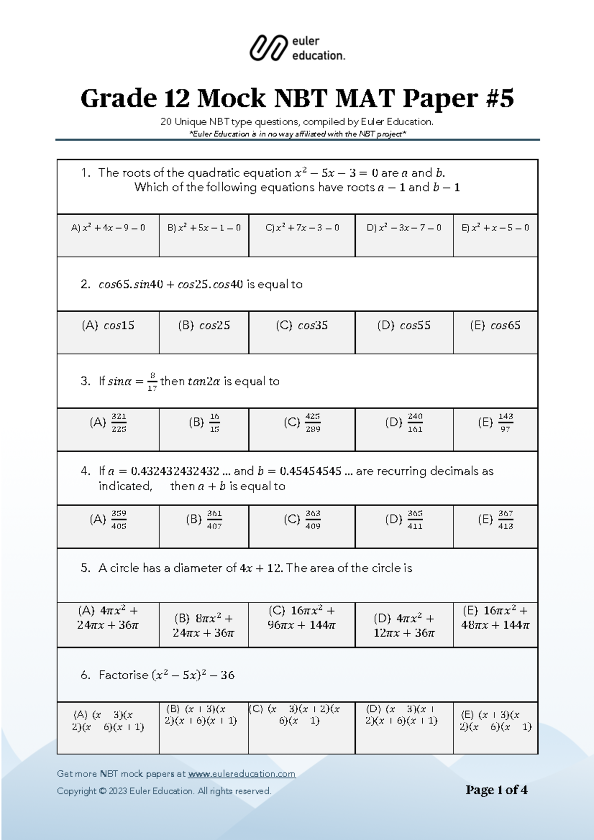 NBT Math Paper 5 Questions - Get more NBT mock papers at eulereducation ...