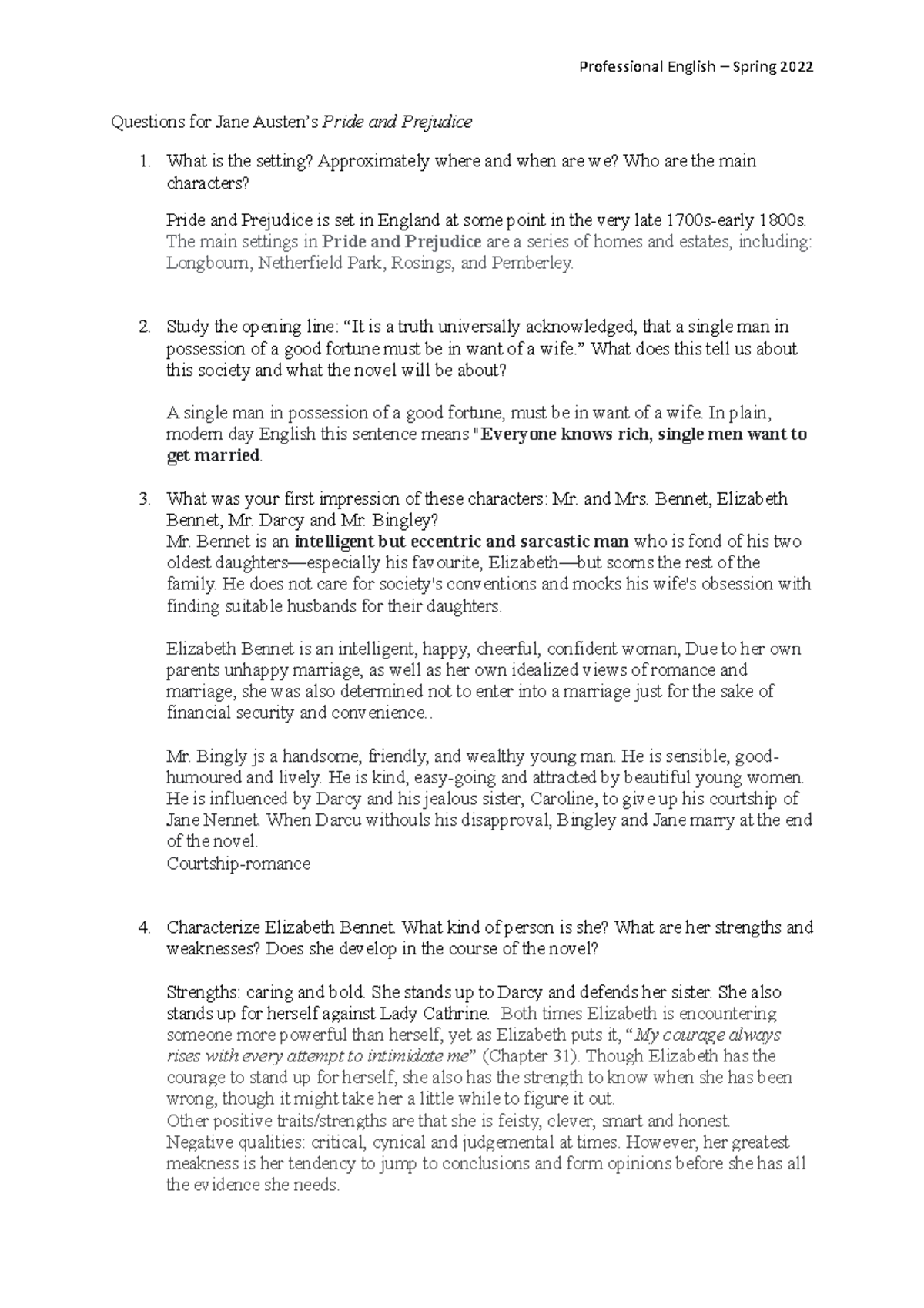 Questions Pride and Prejudice - Questions for Jane Austen’s Pride and ...