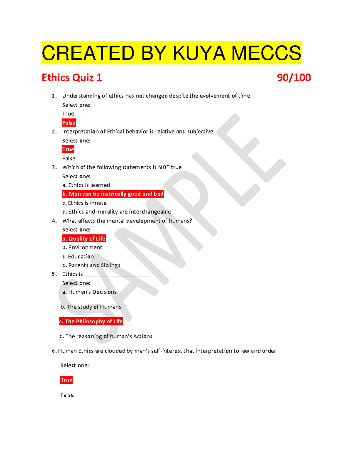 Pdfcoffee - PRACTICE MATERIAL - CREATED BY KUYA MECCS Ethics Quiz 1 90/ Understanding of ethics ...
