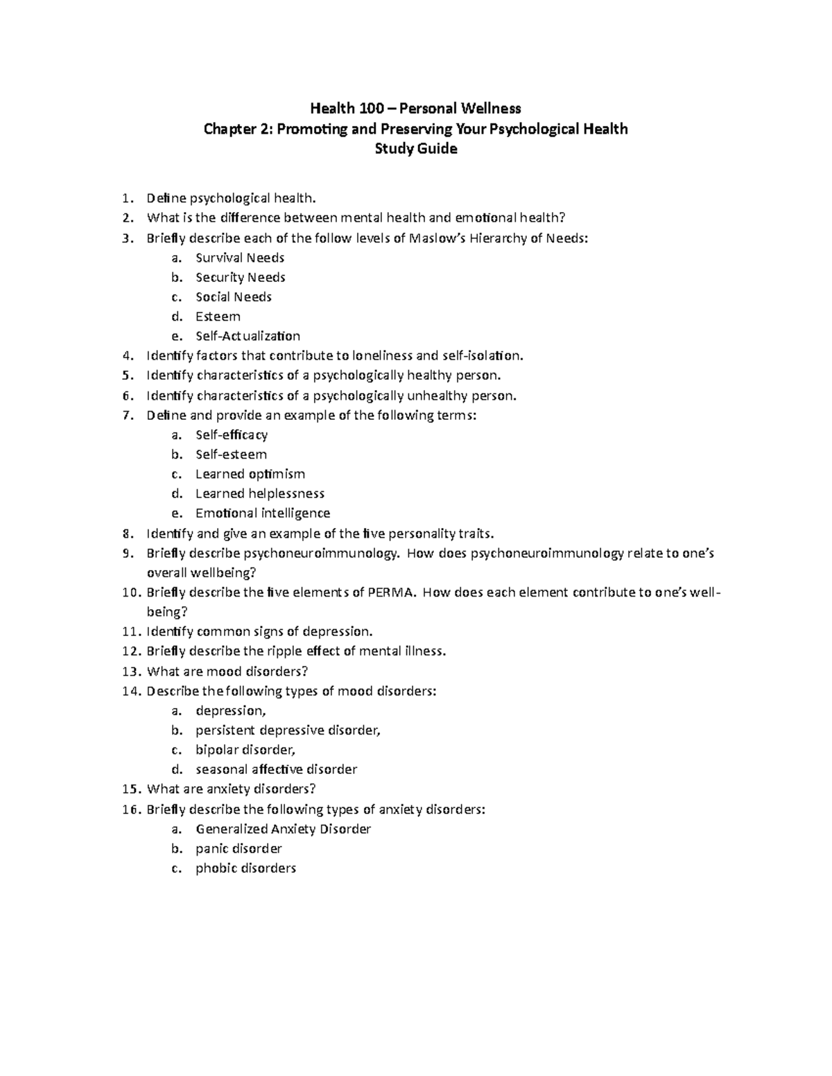 Chapter 2 - Study Guide - Health 100 – Personal Wellness Chapter 2 ...