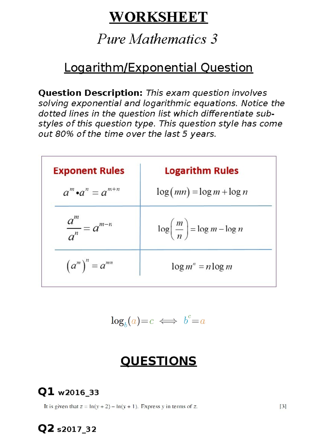Worksheet - P3 - Logarithm and Exponential Question - WORKSHEET Pure Mathematics 3 - Studocu
