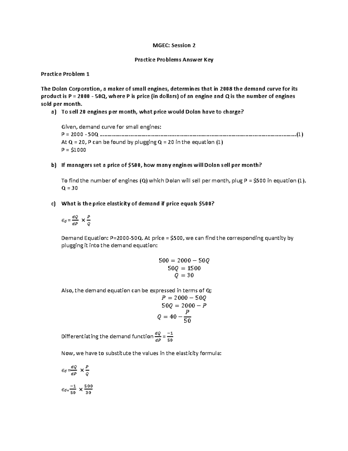 Session 2 Practice Problems Answer Key MGEC Session 2 Practice