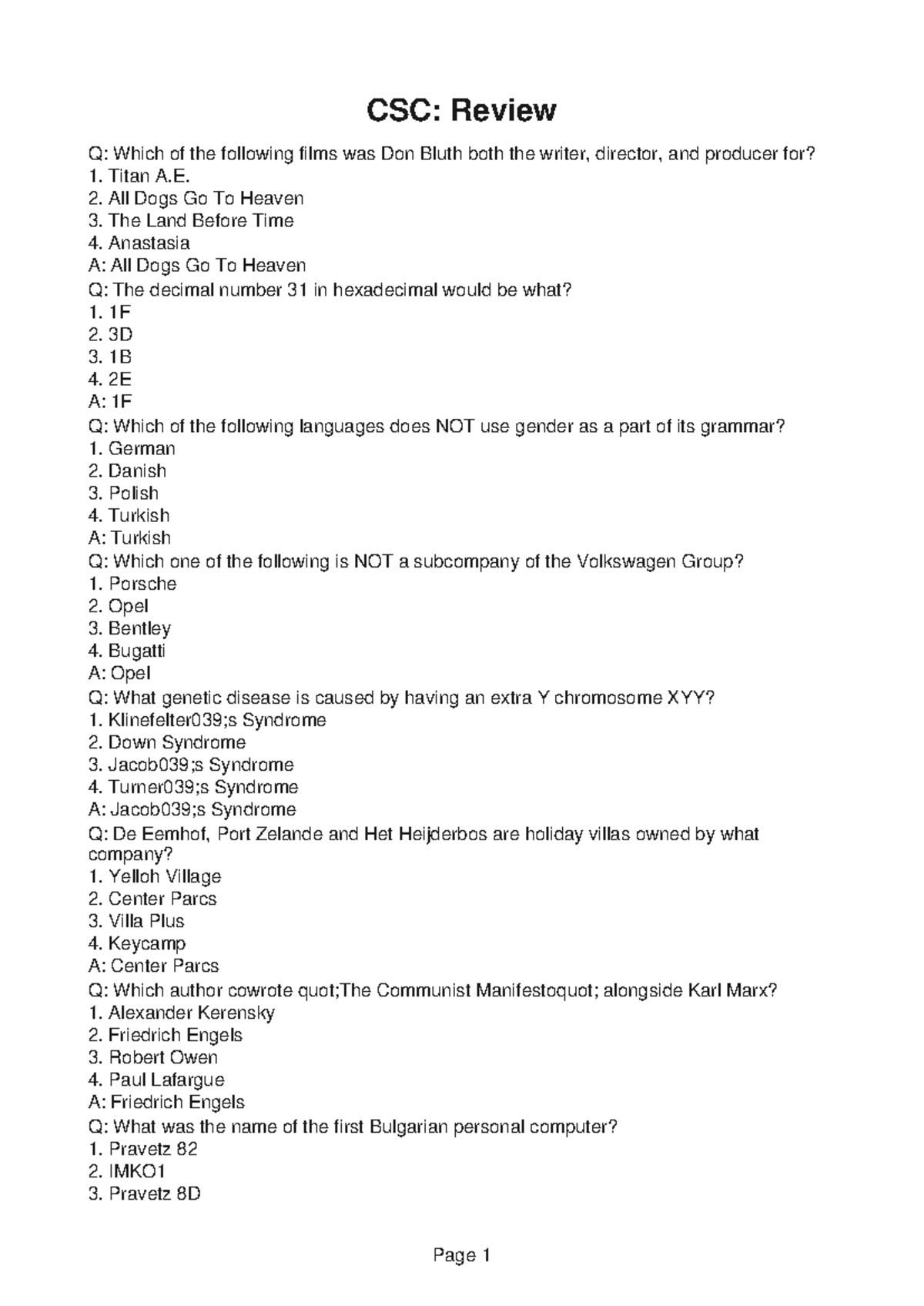 CSC106 Sheet 8 - CSC: Review Q: Which of the following films was Don ...