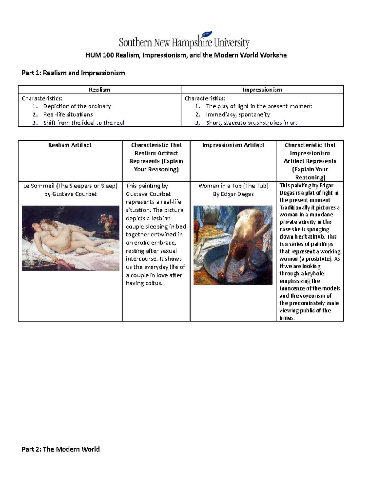 HUM 100 Realism Impressionism and the Modern World Worksheet - The play ...