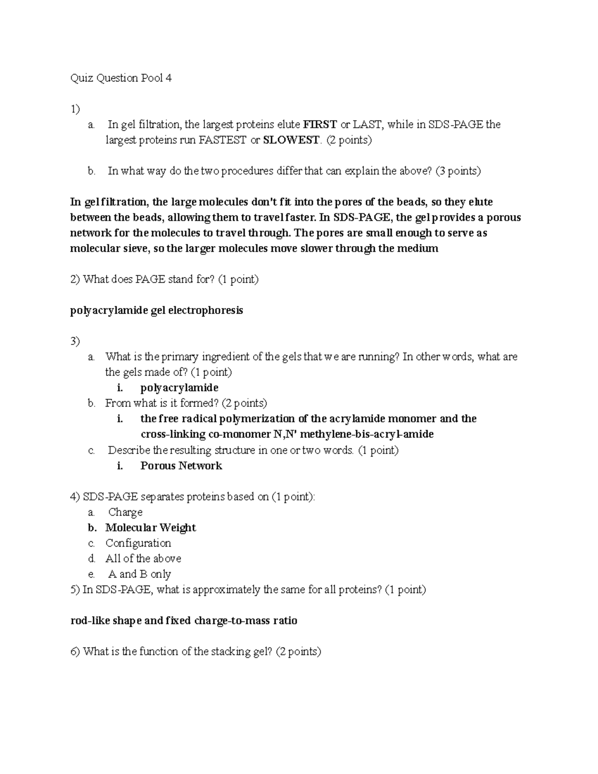 Quiz Question Pool 4 - Quiz pool 4 - Quiz Question Pool 4 1) a. In gel ...