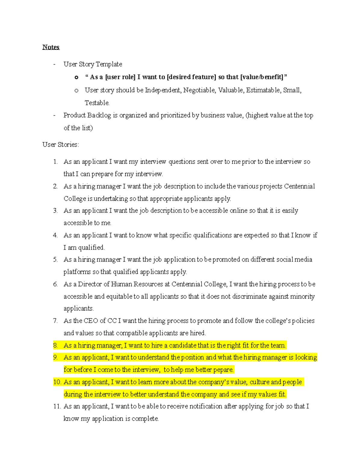 Product Backlog - lecture notes of hr - Notes User Story Template o ...