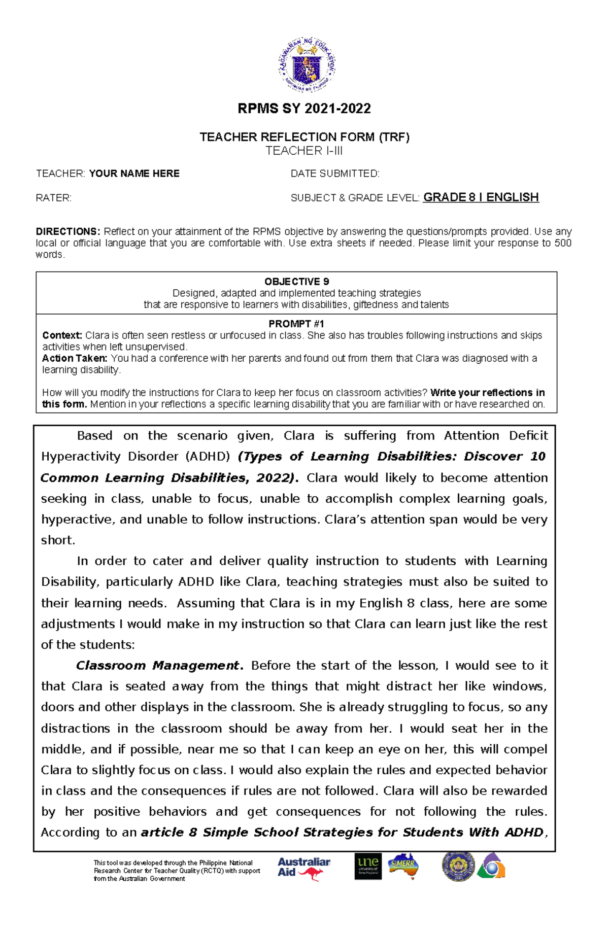 Teacher Reflection FORM 9 - 10 COI - This tool was developed through ...