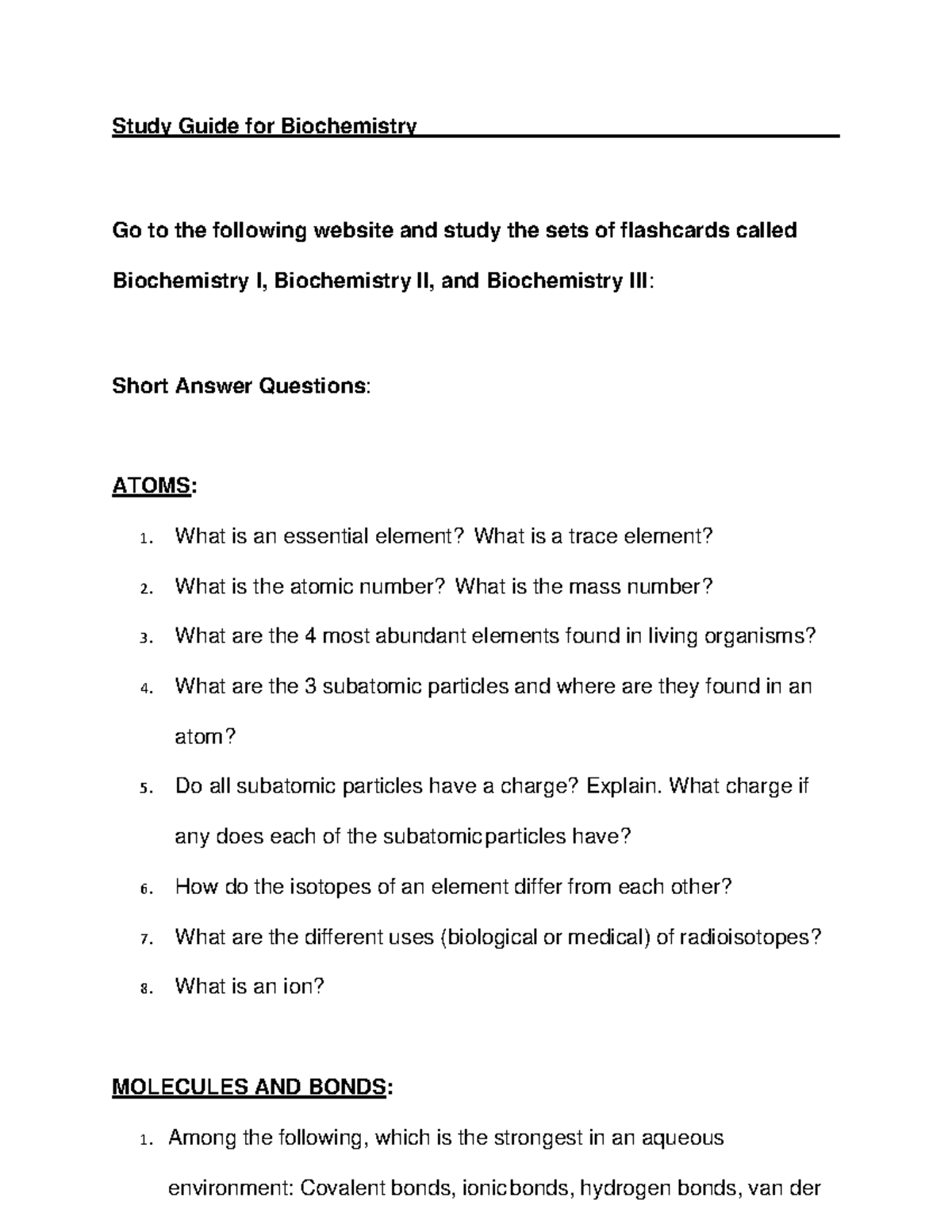 Study Guide 2 for Biochemistry 1 - Study Guide for Biochemistry Go to ...