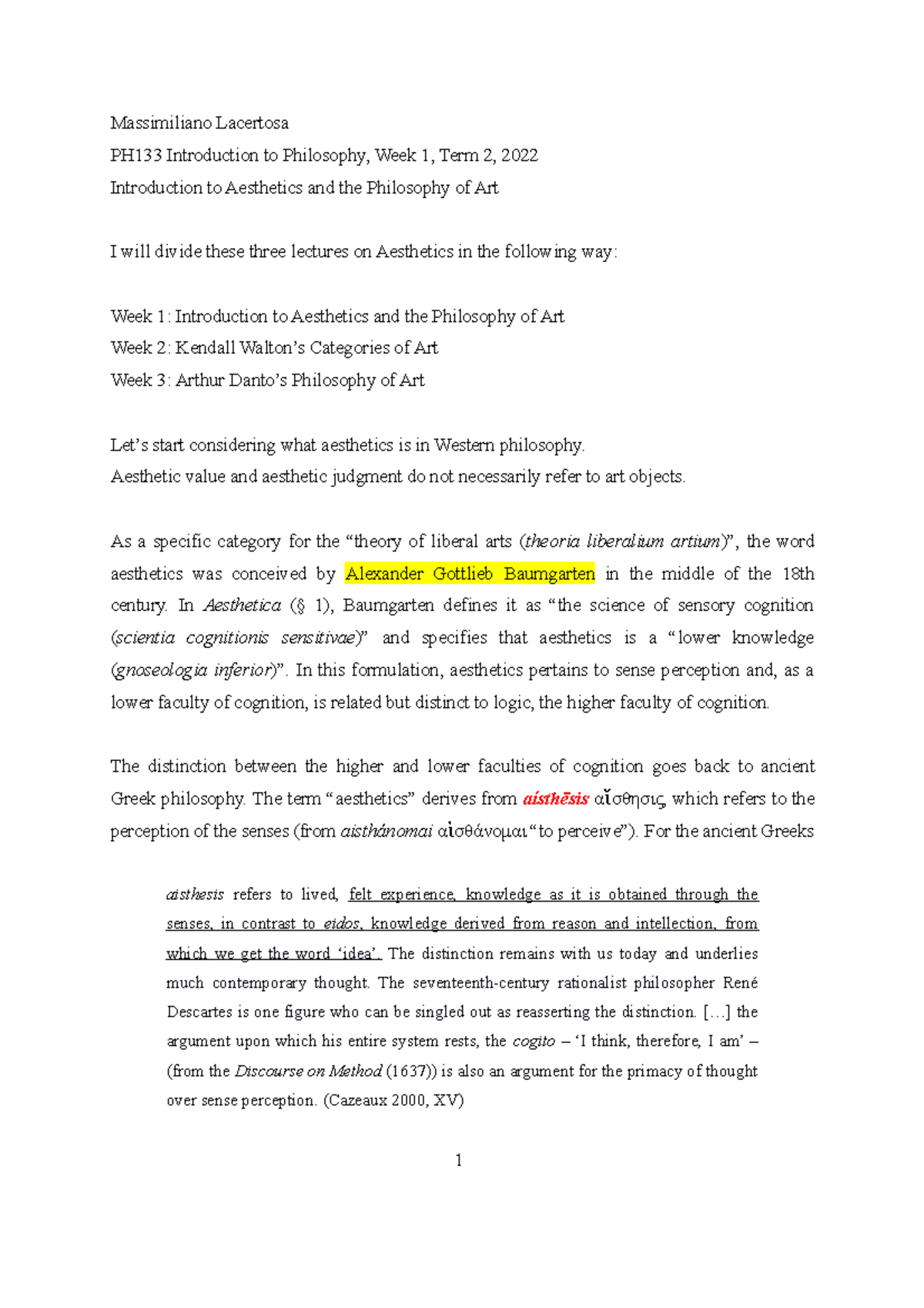 PH133 Introduction to Philosophy, Week 1, Term 2, 2022, Handout ...