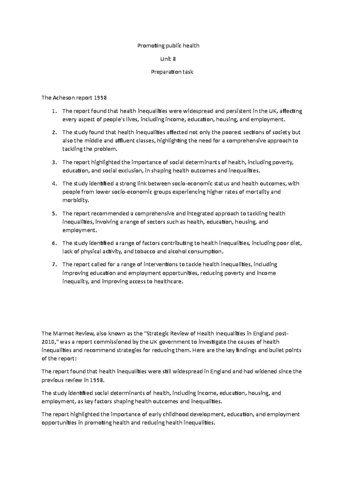 Promoting public healt 1 - Promoting public health Unit 8 Preparation ...