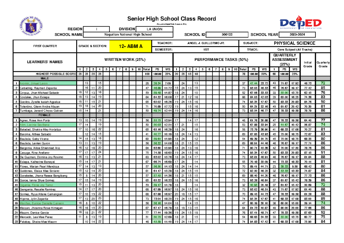 12-ABM A - Physical Science-23-24 NEW- Eclass Record - 1 2 3 4 5 6 7 8 ...