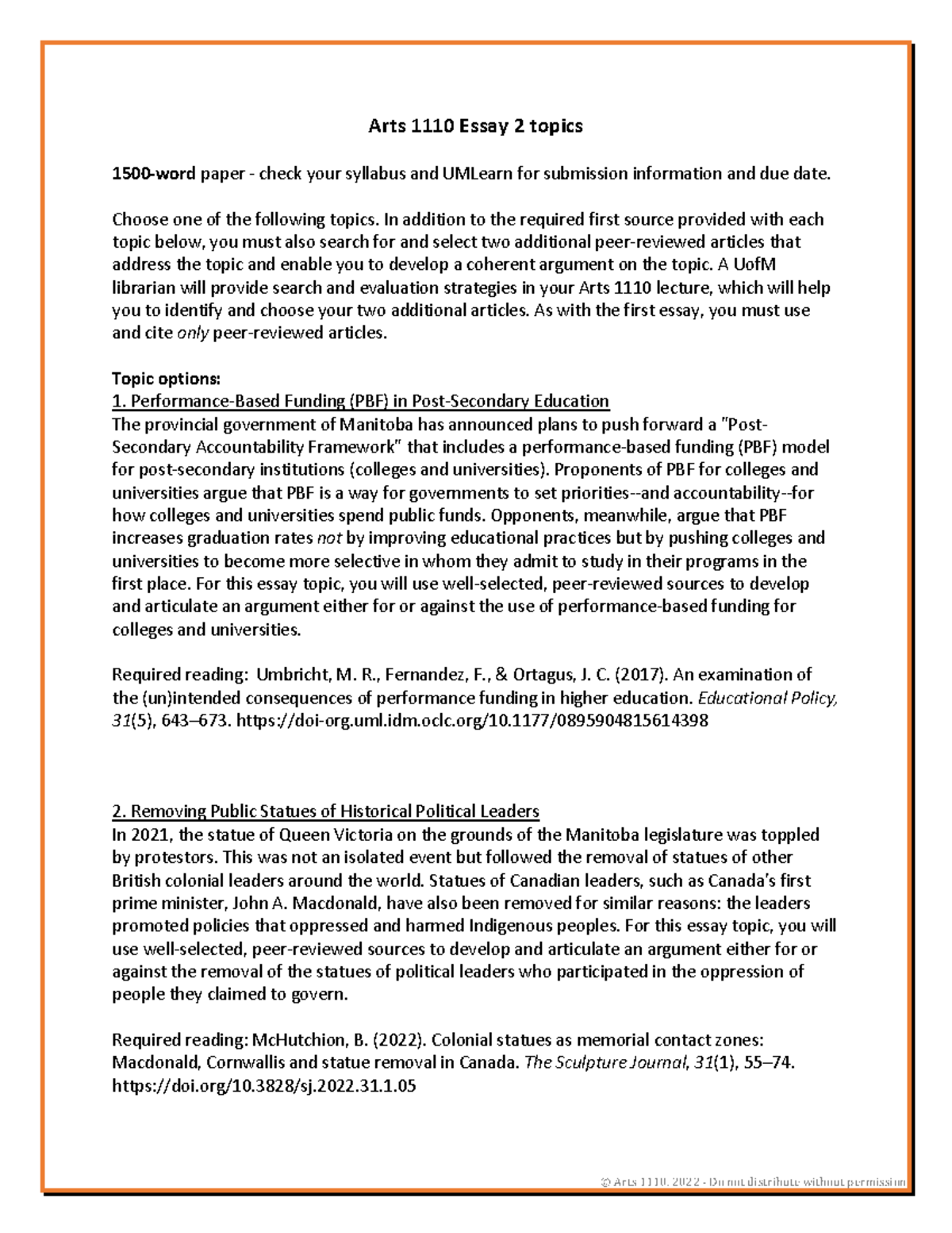 Arts 1110 Essay 2 FA22 - Arts 1110 Essay 2 topics 1500-word paper ...