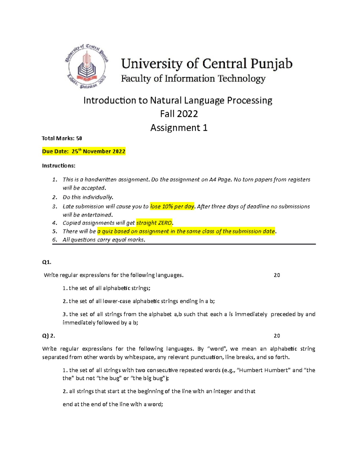 Assignment 1 NLP F22 - Introduction to Natural Language Processing Fall 2022 Assignment 1 Total ...