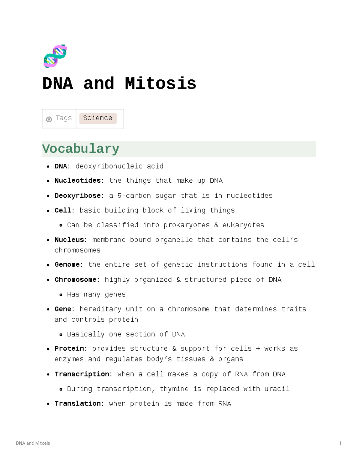 DNA and Mitosis - study guide for science 8 honors - 🧬 DNA and Mitosis ...
