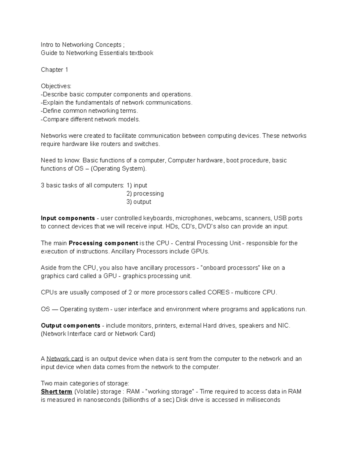 N.C Chapter 1 Notes - Intro to Networking Concepts ; Guide to ...