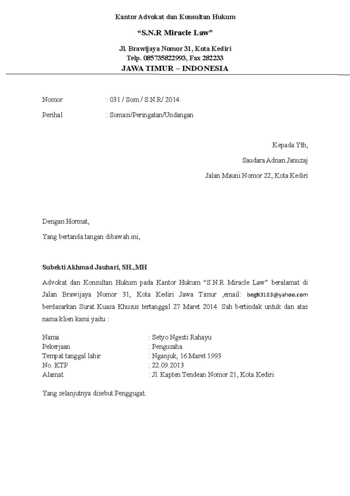 Contoh somasi - dsfgdsfgjdsf - Kantor Advokat dan Konsultan Hukum “S.N ...