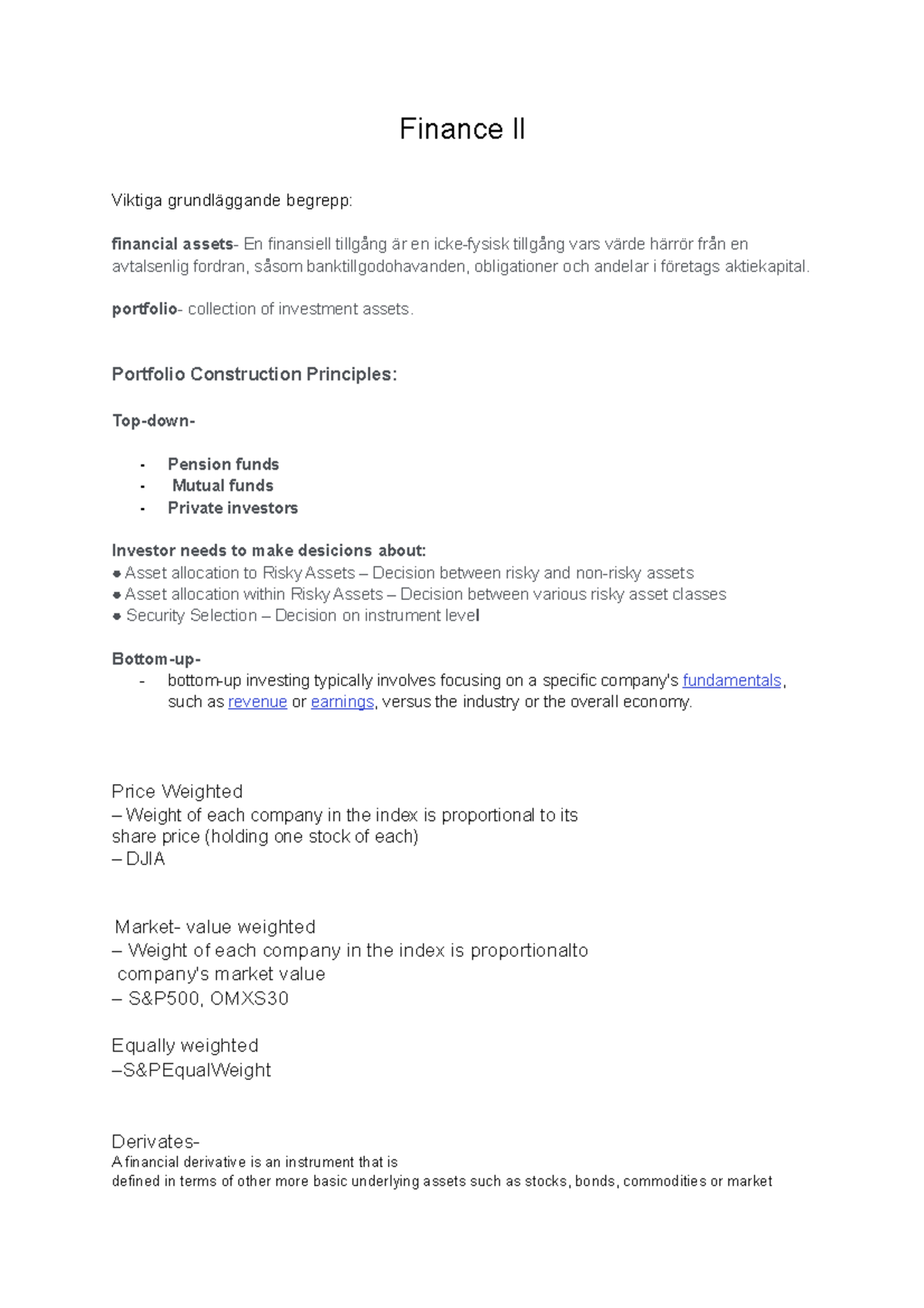 finance ll - introduction - Finance ll Viktiga grundläggande begrepp ...