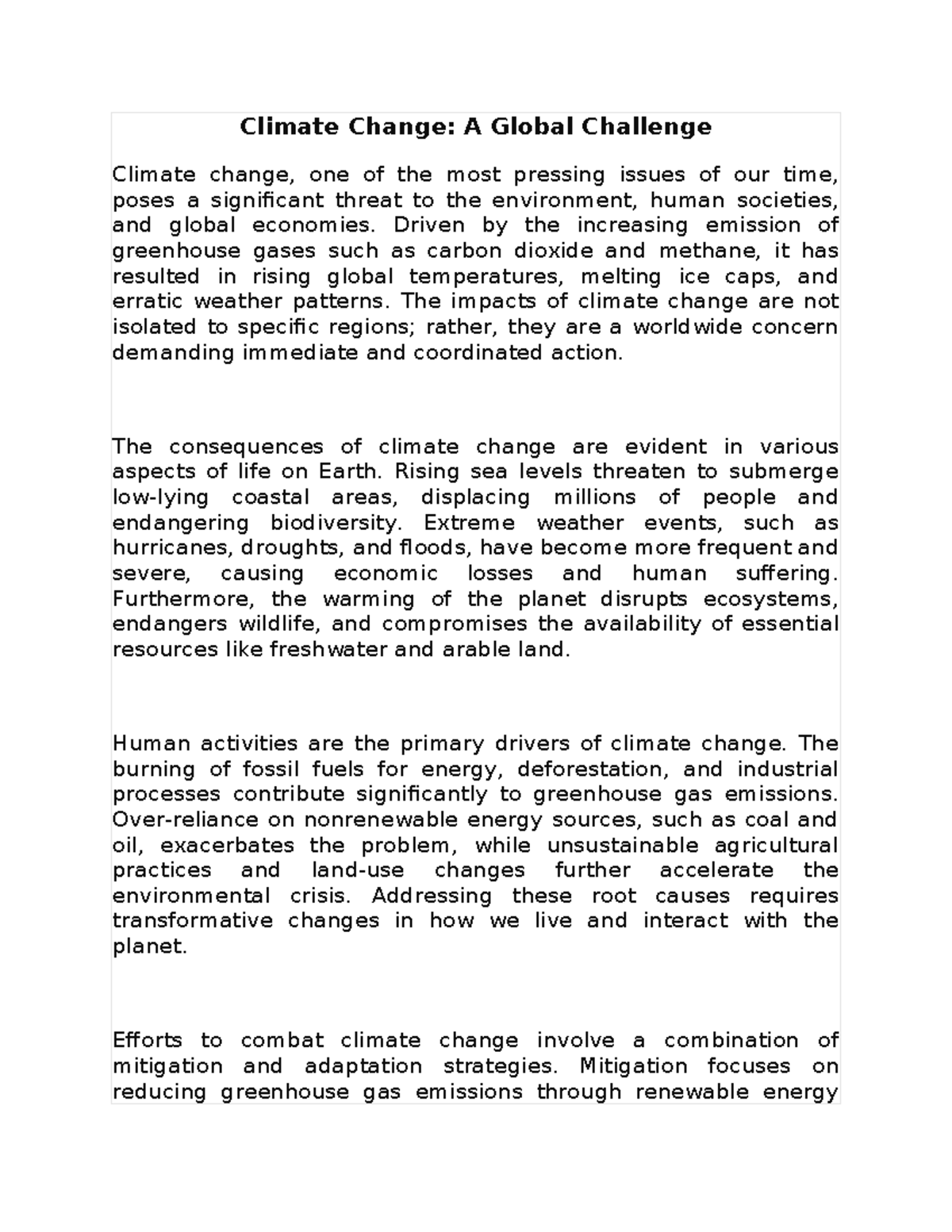 Climate Change Essay - Climate Change: A Global Challenge Climate ...