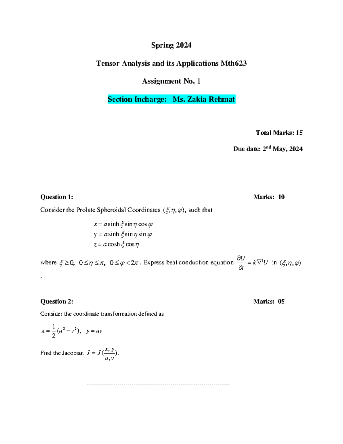 Assignment 1 - MTH623- Spring 24 - Spring 2024 Tensor Analysis and its Applications Mth ...