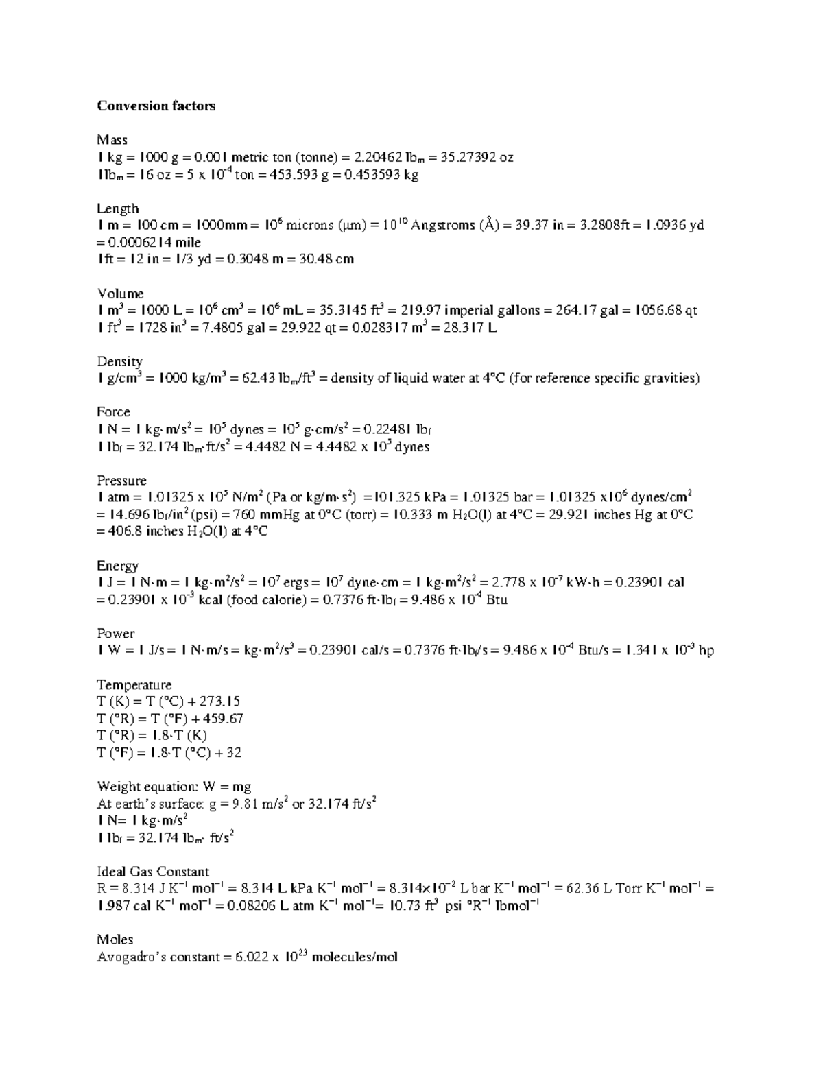 CHBE220 Midterm 1 2023W-equation-sheet - Conversion factors Mass 1 kg ...