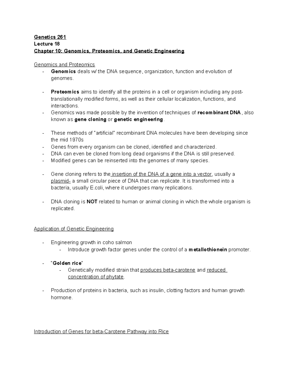 Genetics Lecture 18-23 - Genetics 261 Lecture 18 Chapter 10: Genomics ...