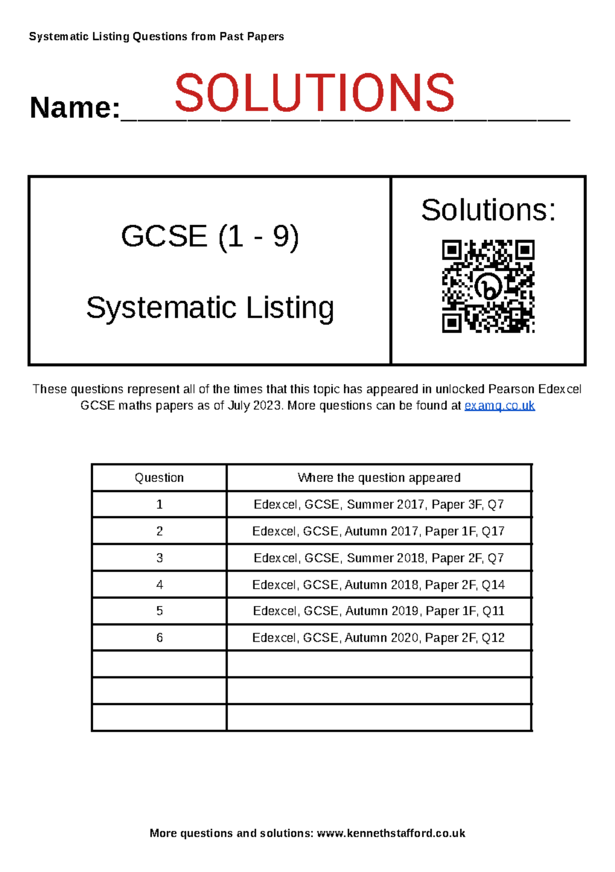 Systematic Listing Past Paper Questions Solutions - Name ...