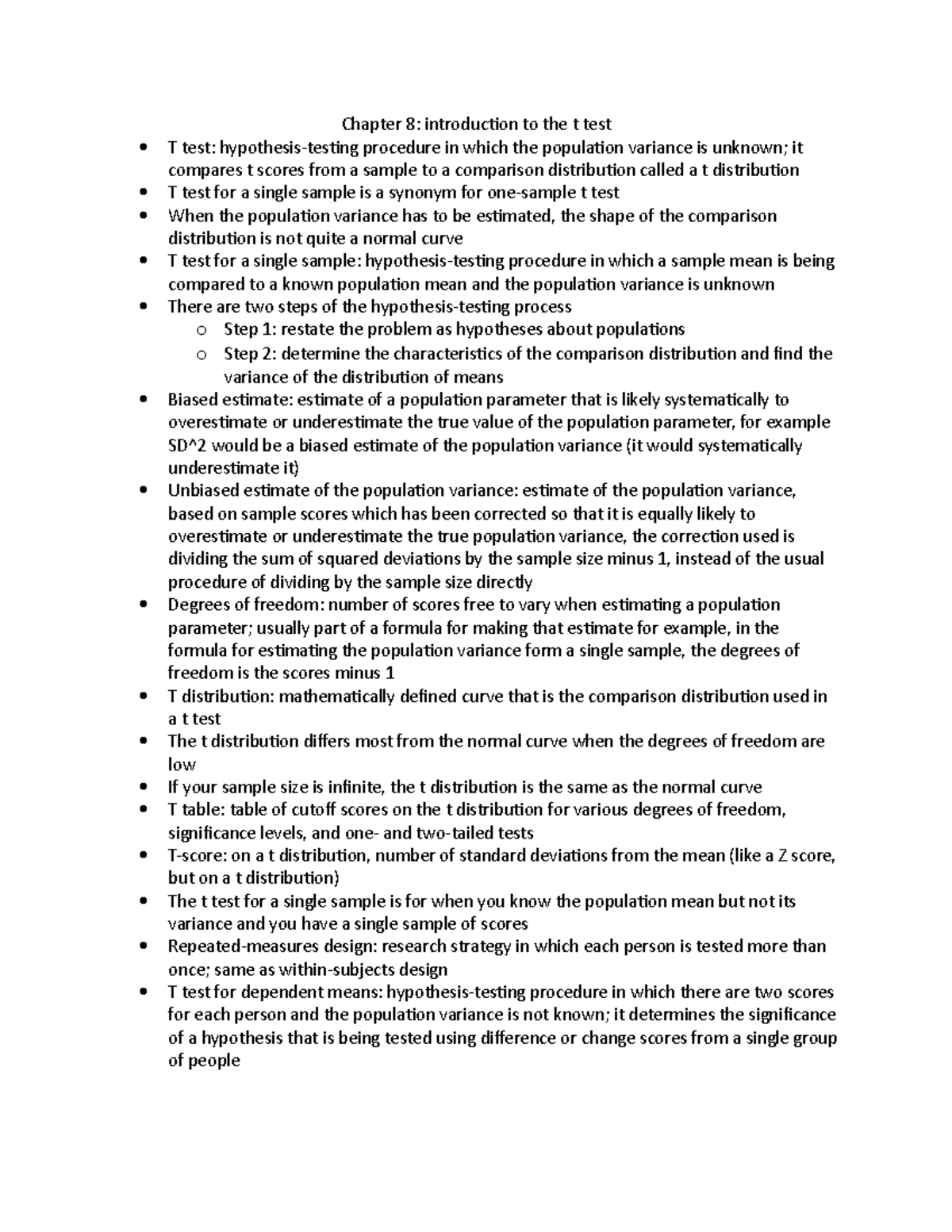 Chapter 8 notes - Introduction to the T Test - Chapter 8: introduction ...