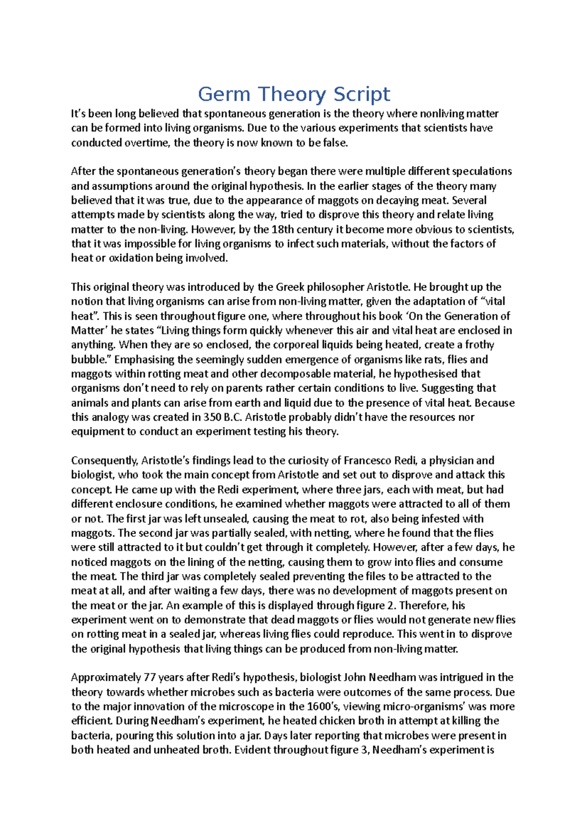 Germ Theory Script - Disproving spontaneous generation and the ...