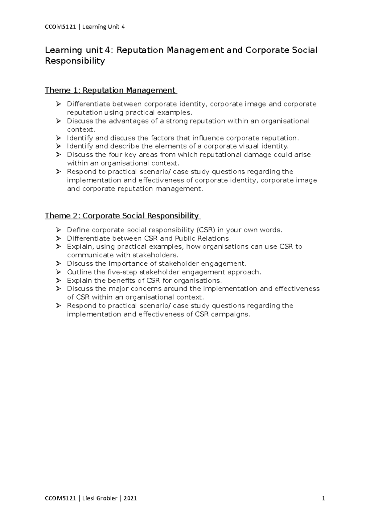 CCOM1A LU 4 Notes - Learning unit 4: Reputation Management and ...