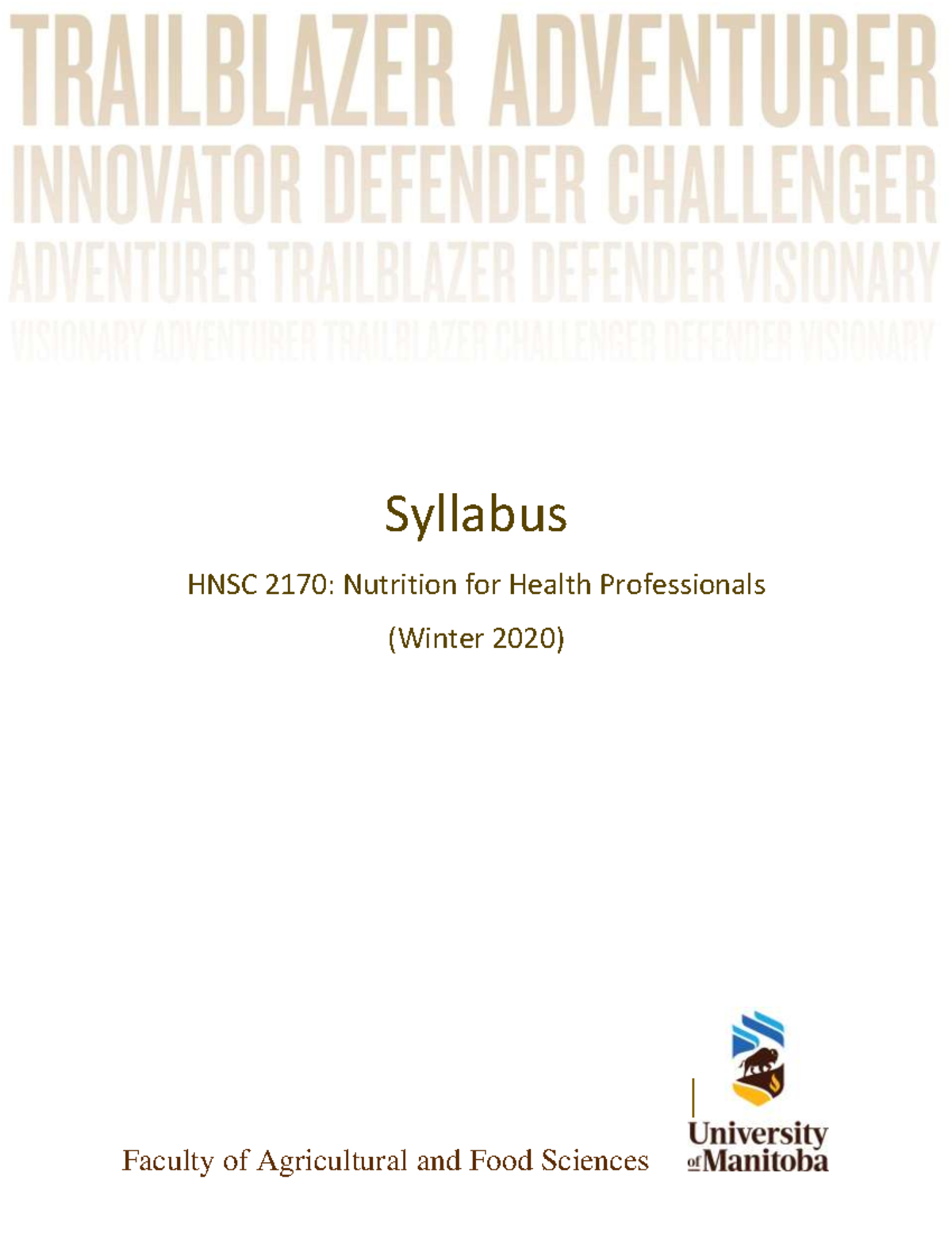 HNSC 2170 Course Syllabus Winter 2020b - Warning: TT: undefined function: 32 Warning: TT ...