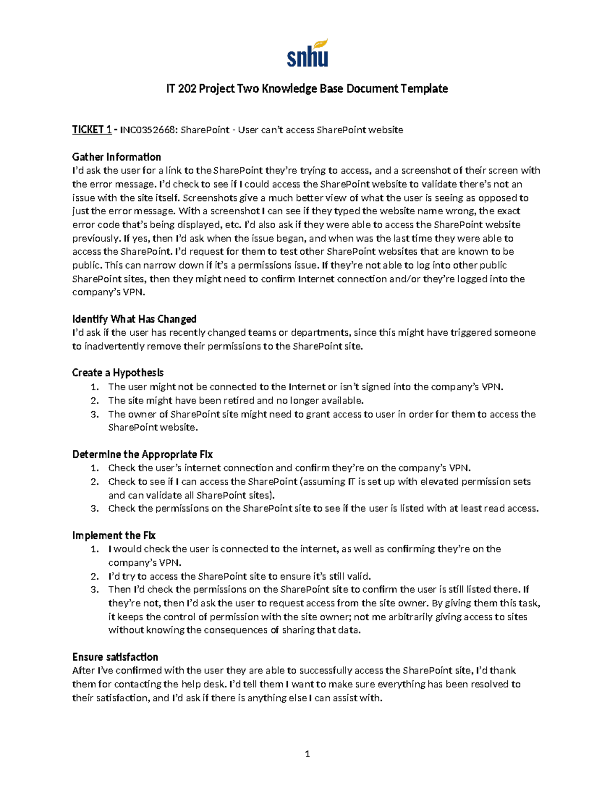 IT 202 7-2 Project Two Knowledge Base Document - I’d check to see if I could access the ...