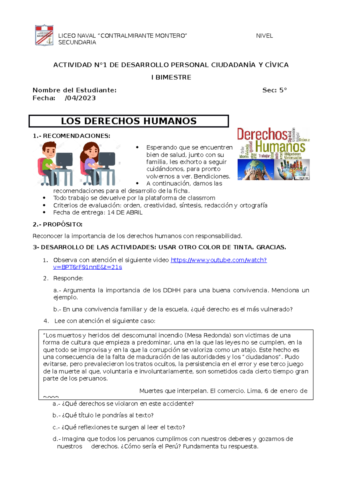 Ficha 3 DPCC 5° Derechos Humanos - LICEO NAVAL “CONTRALMIRANTE MONTERO” NIVEL SECUNDARIA ...