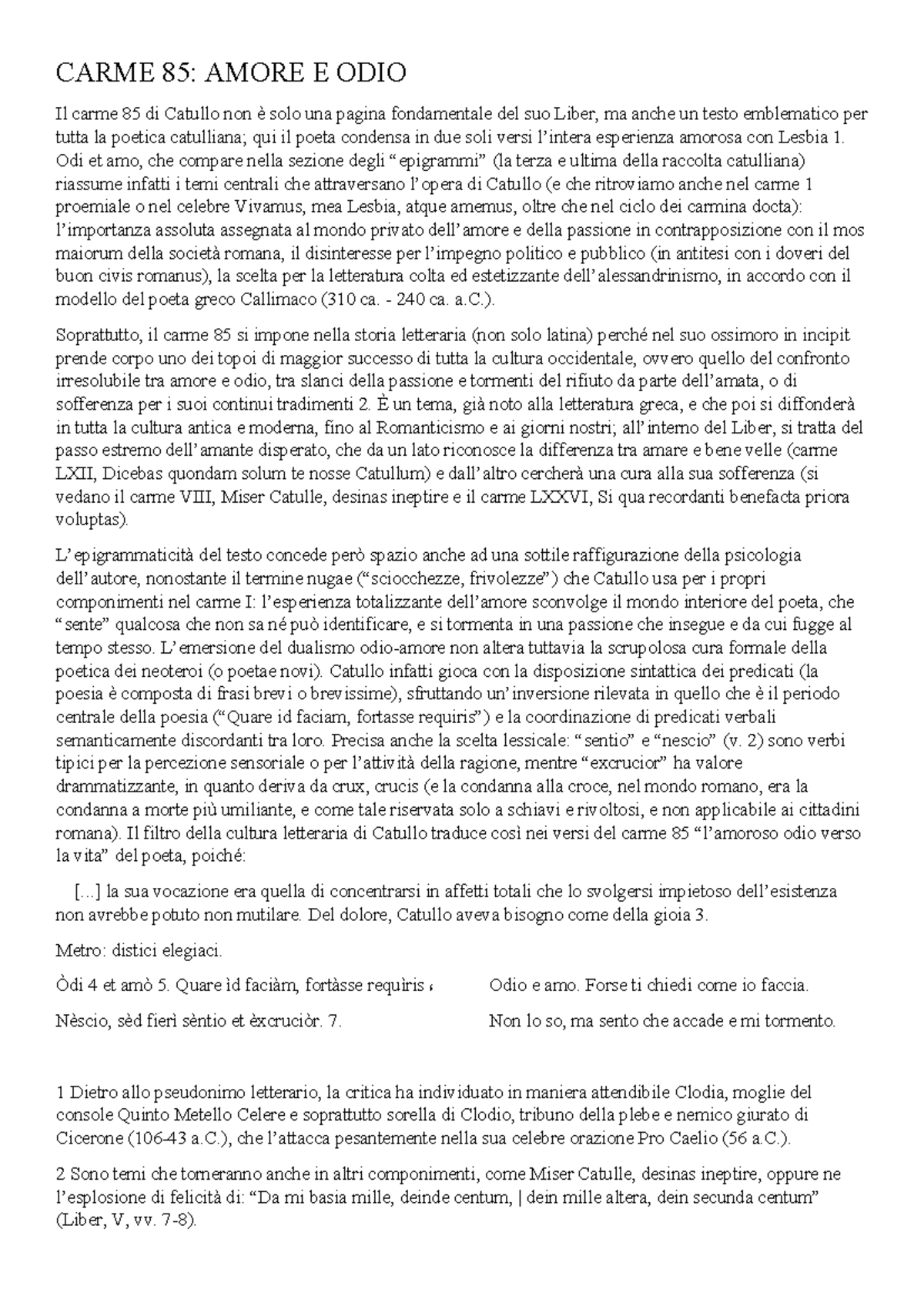 Carme 85 - .................... - CARME 85: AMORE E ODIO Il carme 85 di Catullo non è solo una ...