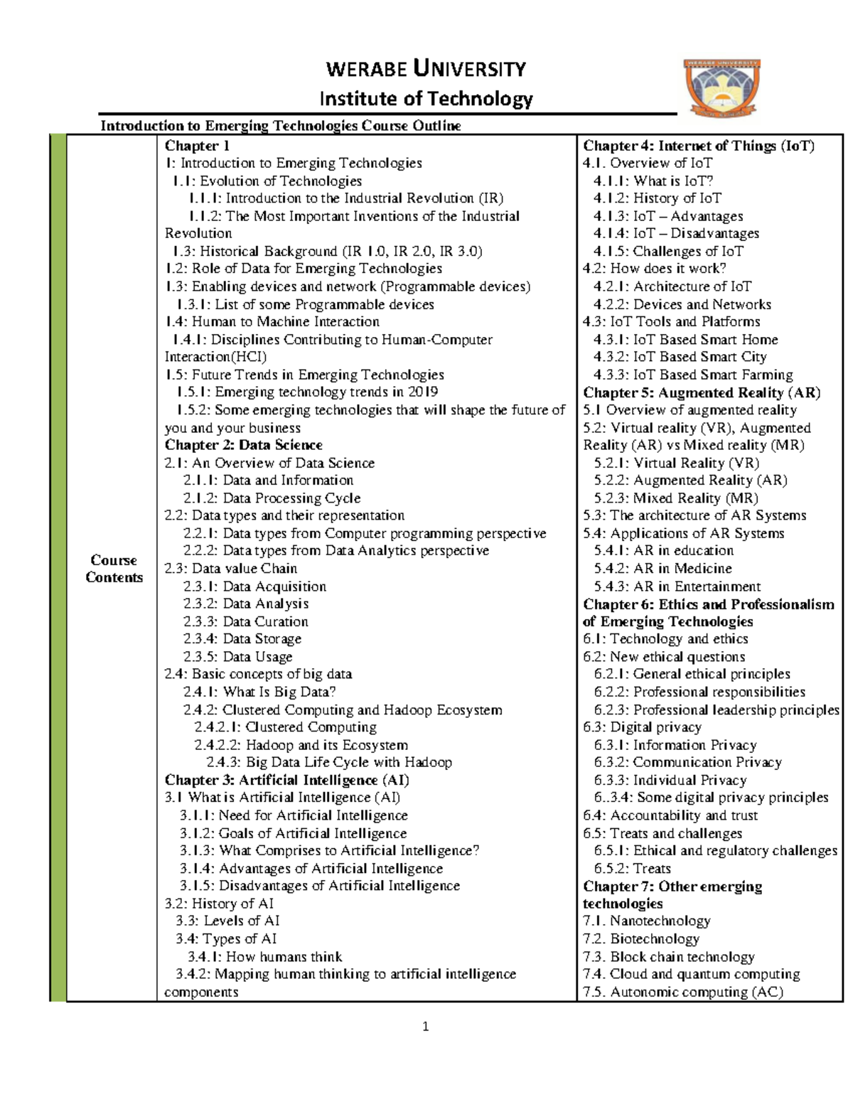 Introduction to Emerging Technologies Course Outline - WERABE ...