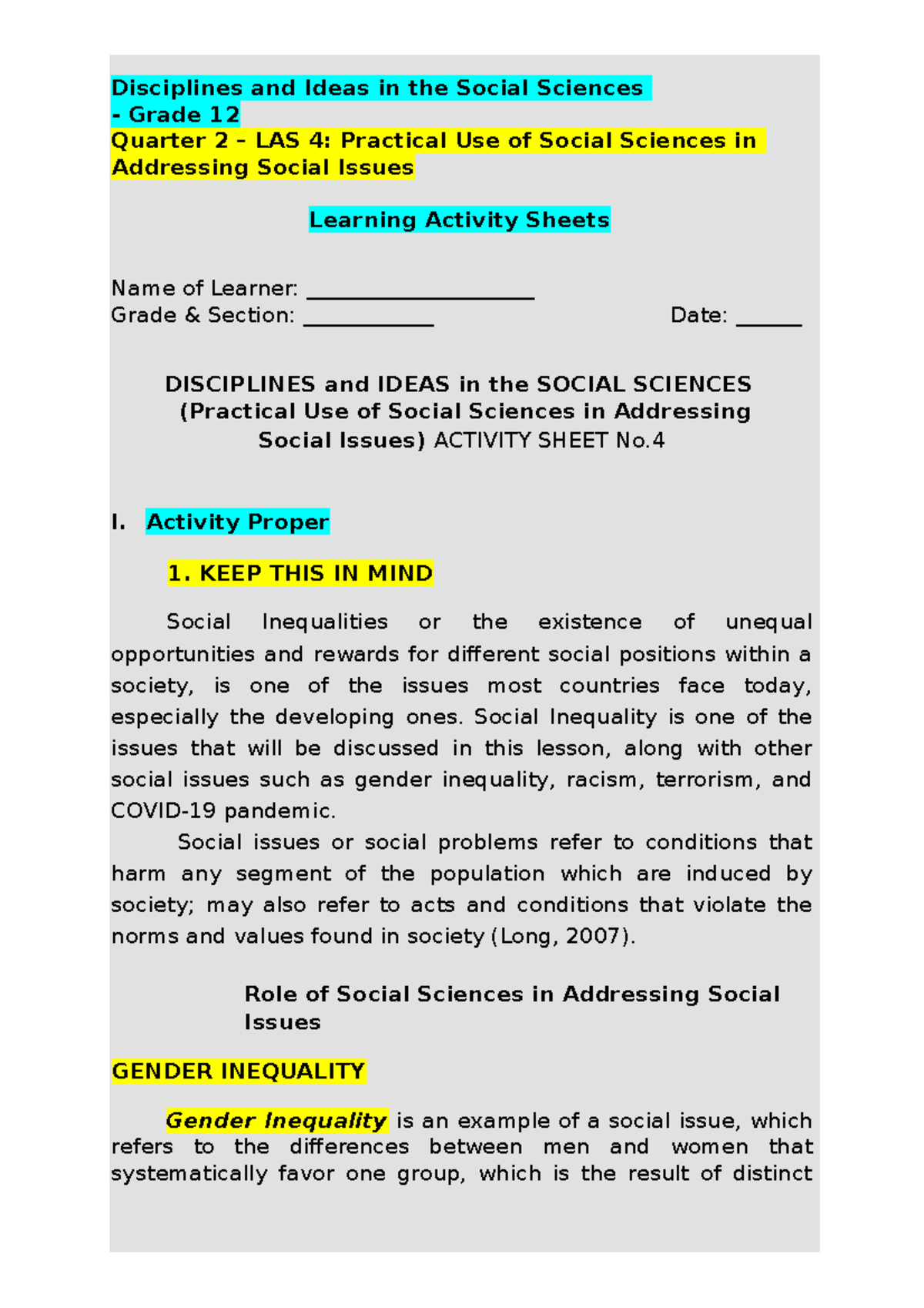Quarter 2 – LAS 4 Practical Use of Social Sciences in Addressing Social ...