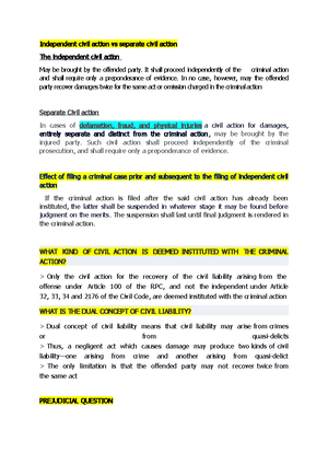 Notes Civil Law Quiz reviewer - Independent civil action vs separate ...